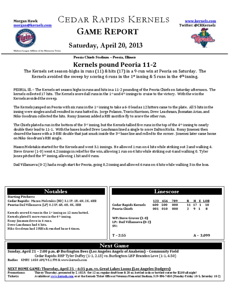 Kernels Game Story (4-20) | PDF | Run (Baseball) | Baseball Teams