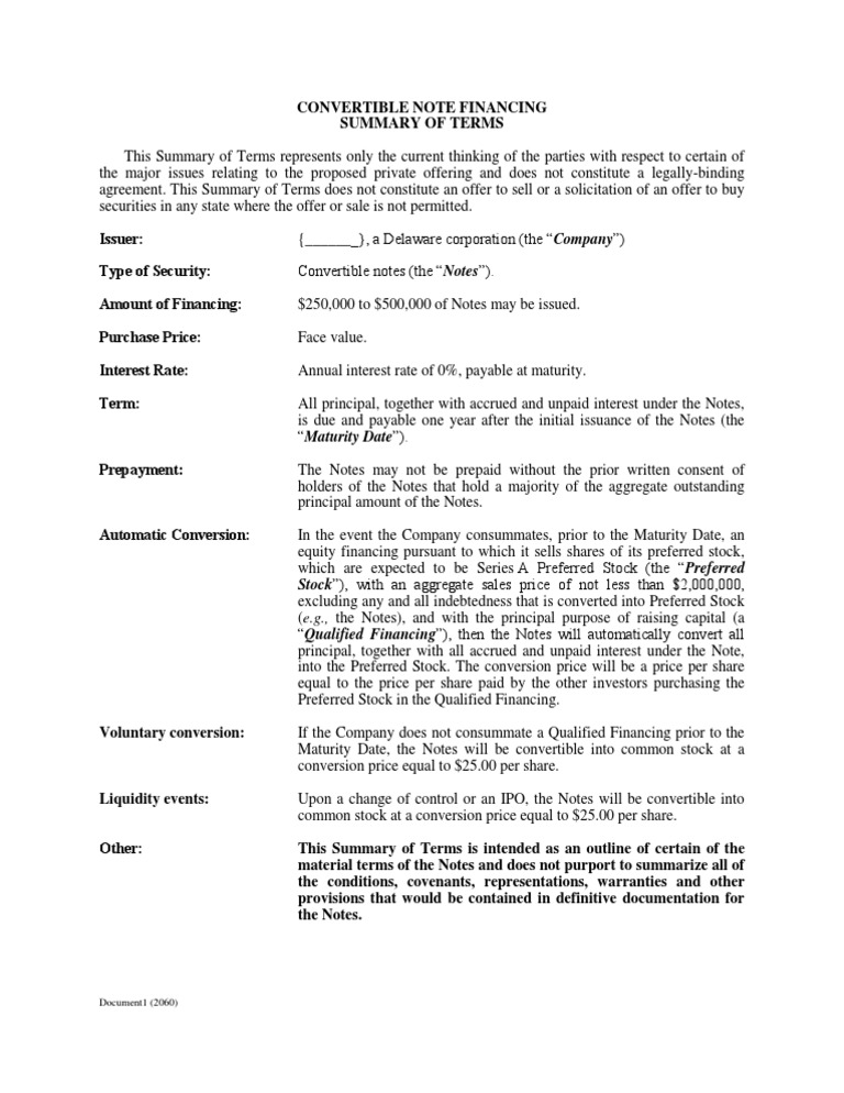 Convertible Note Term Sheet-1 | PDF