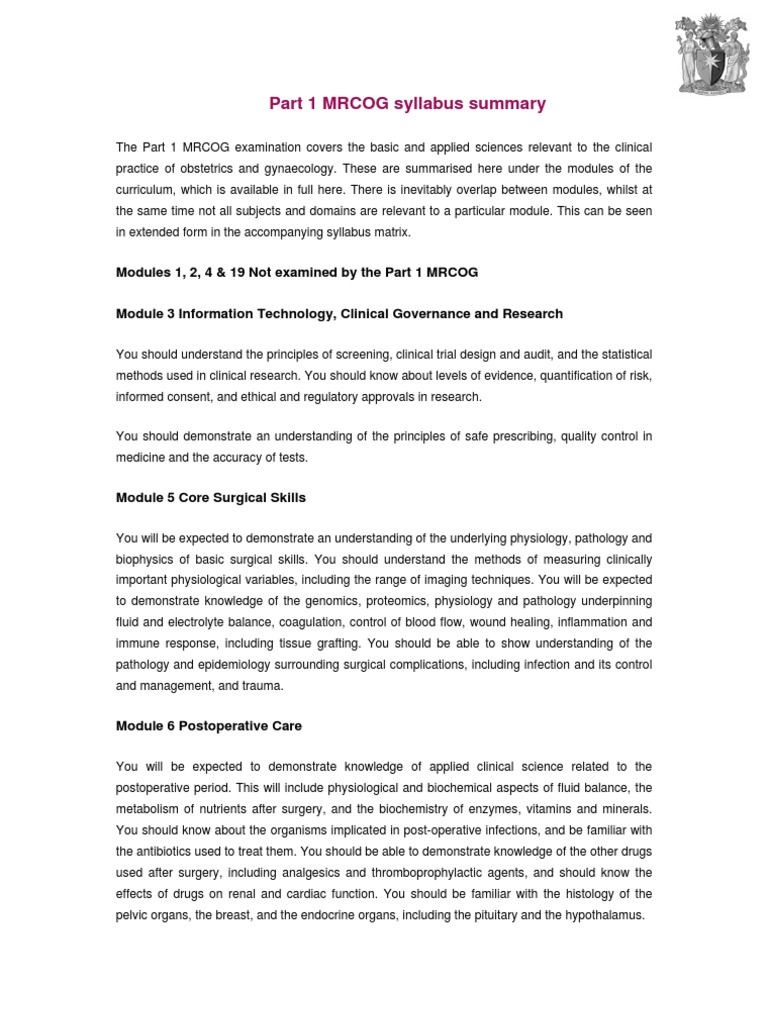Part 1 MRCOG Syllabus Summary | PDF | Childbirth | Cancer