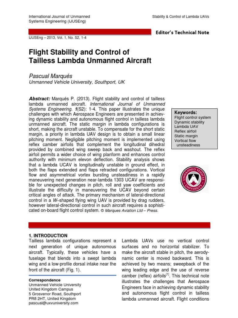 Flight Stability and Control of Tailless Lambda Unmanned Aircraft | PDF ...