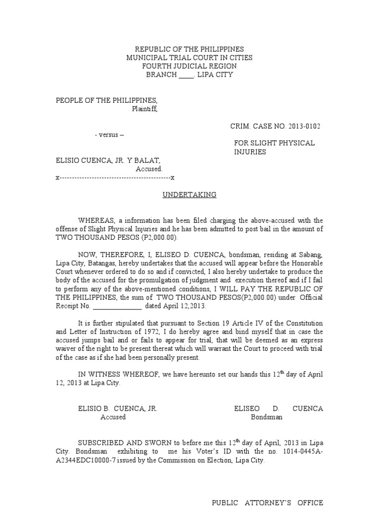 Bail for Slight Physical Injuries Case | PDF | Bail | Virtue