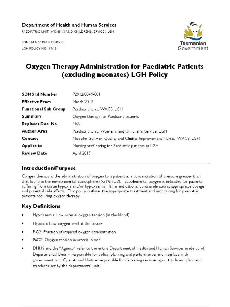 Oxygen Therapy Administration For Paediatric Patients | PDF ...