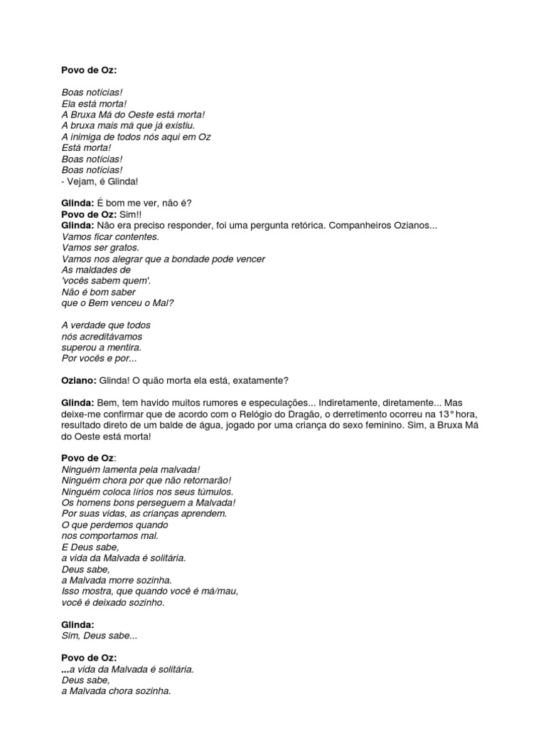 Script de Wicked | PDF | Glinda, a Bruxa Boa | Vida