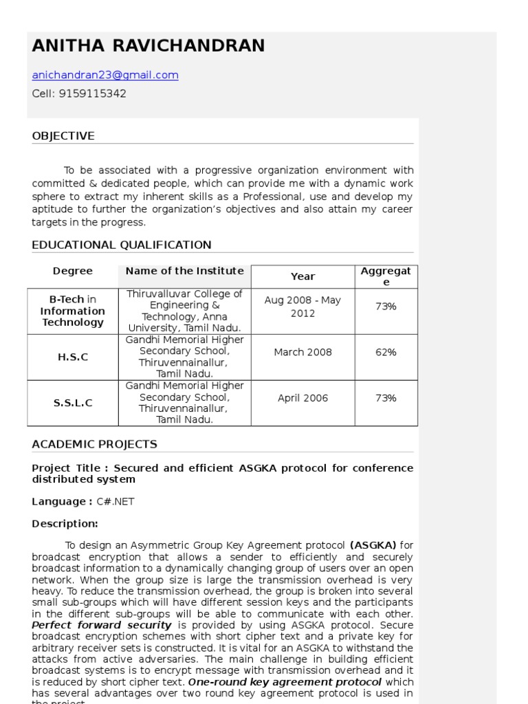Anitha - Resume | PDF | Public Key Cryptography | Cryptography
