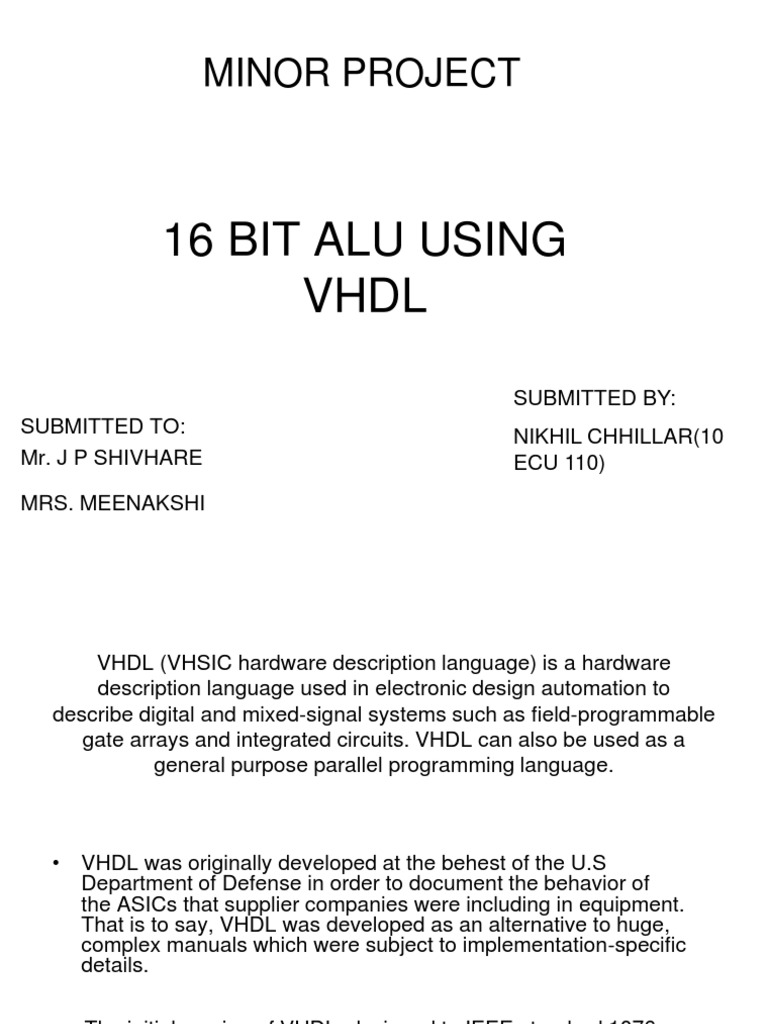 Minor Project: 16 Bit Alu Using VHDL | PDF | Vhdl | Computing
