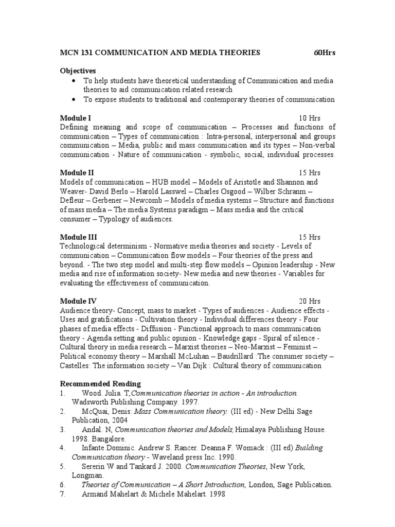 Communication and Media Theories | PDF | Communication | Mass Media