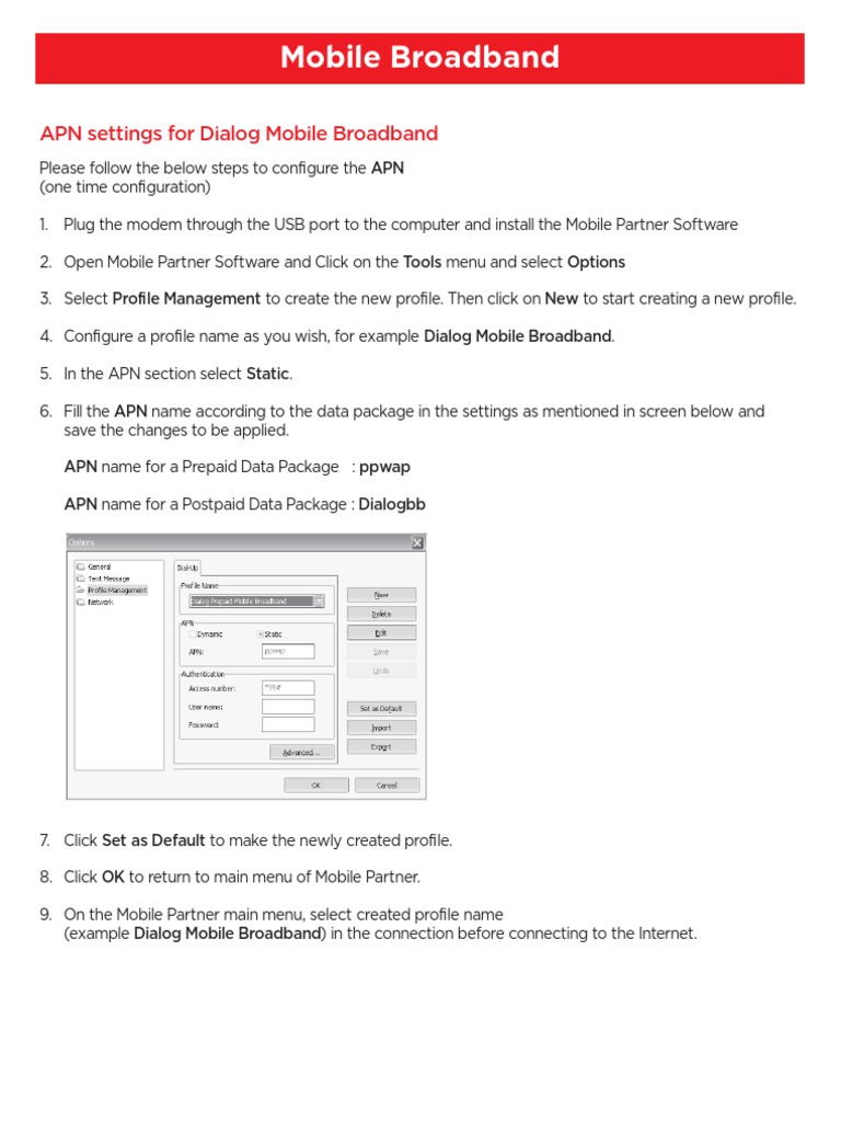 Dialog Mobile Broadband APN Setup Guide | PDF | Mobile Broadband ...