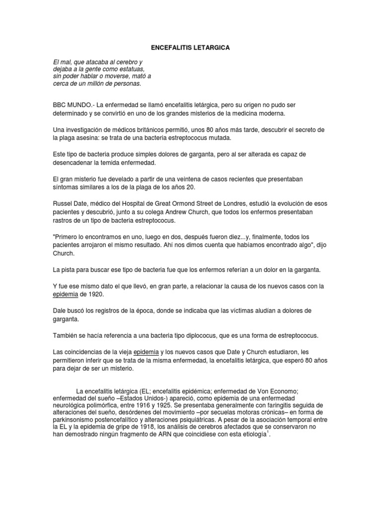 Encefalitis Letárgica ENSAYO | PDF | Enfermedad de Parkinson | Medicina ...