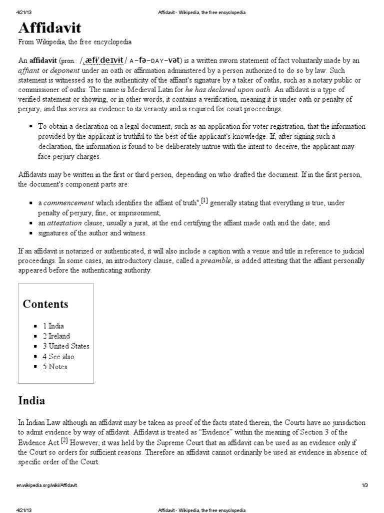 Affidavit - Wikipedia, The Free Encyclopedia | PDF | Affidavit | Evidence