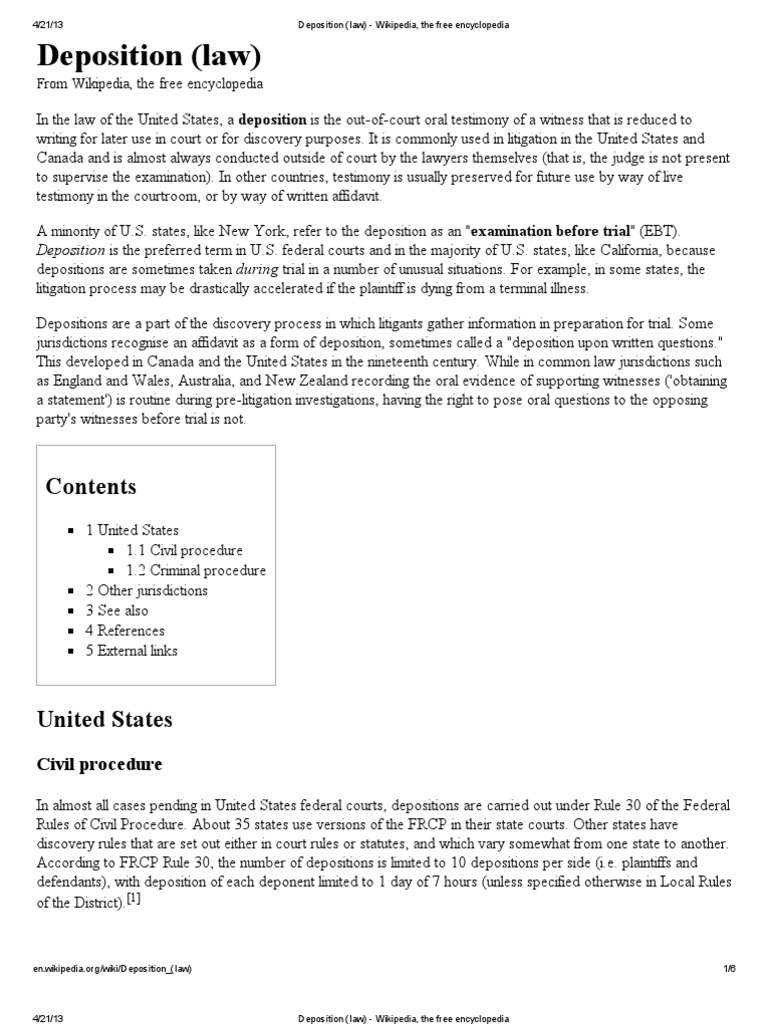 Deposition (Law) - Wikipedia, The Free Encyclopedia | Deposition (Law ...