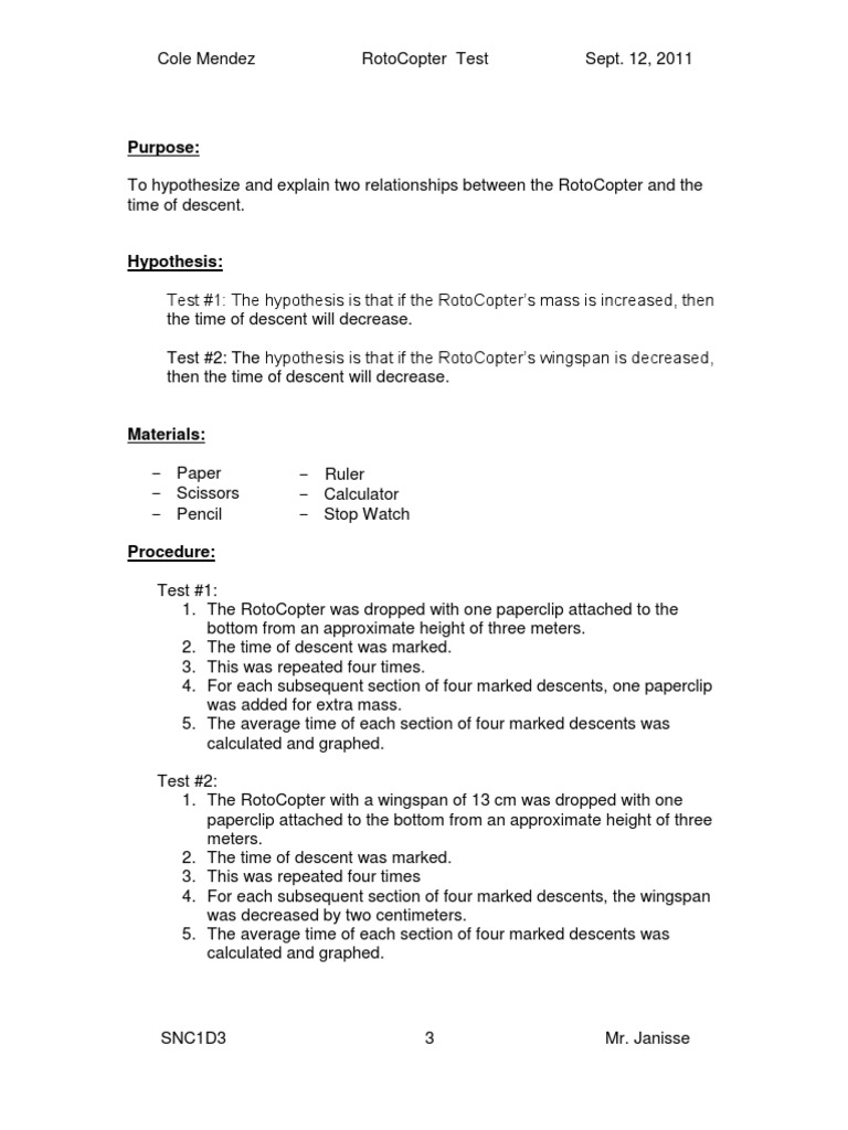 RotoCopter Descent Time Experiment | PDF