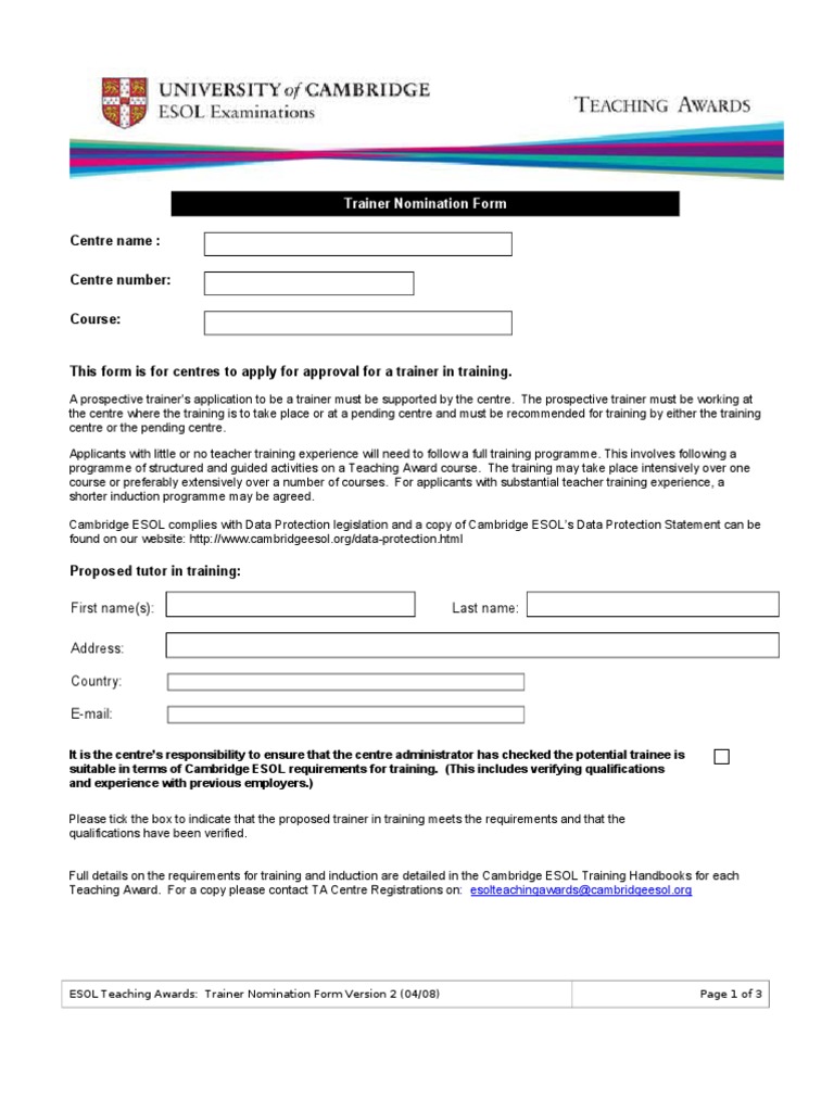 Trainer Nomination Form Version Three | PDF | English As A Second Or ...