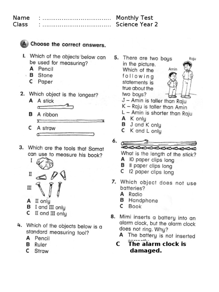 Year 2 Science Monthly Test Guide | PDF
