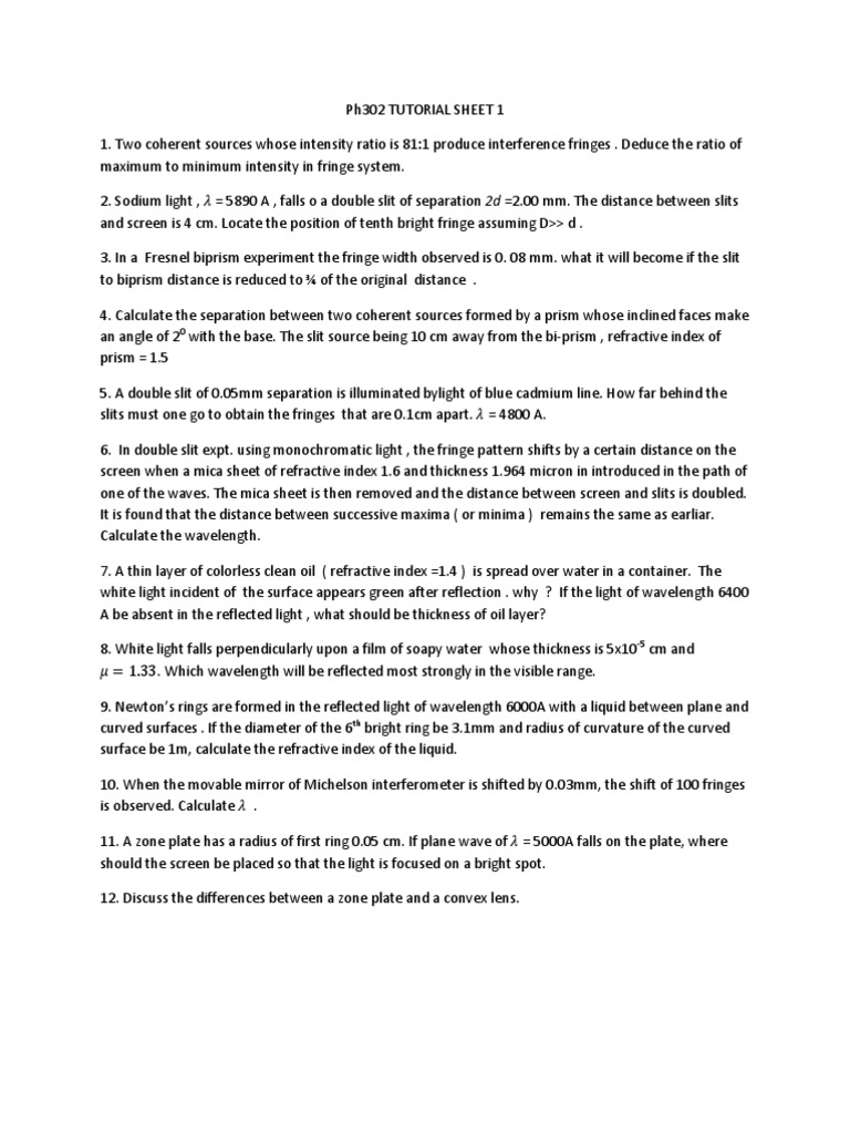 Ph302 Tutorial Sheet 1 | PDF | Wavelength | Light
