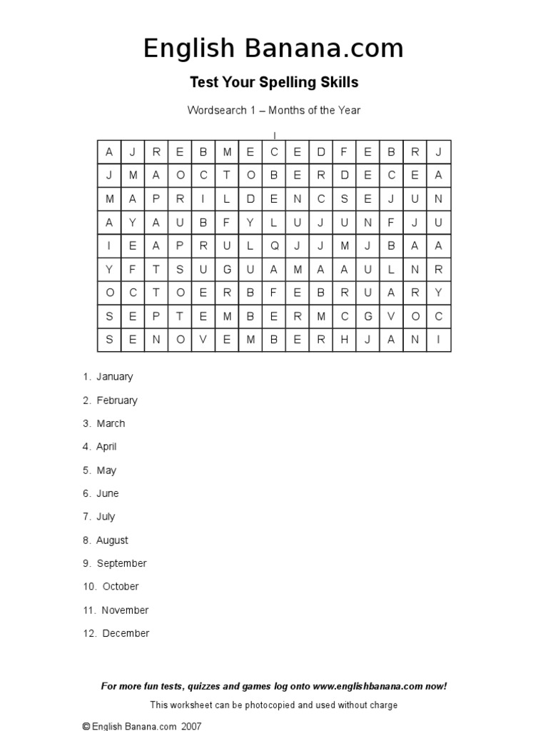 Wordsearch 1 Months of The Year | PDF
