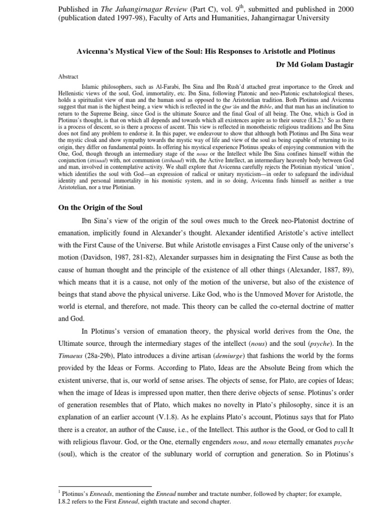Avicenna’s Mystical View of the Soul and His Responses to Aristotle and Plotinus | PDF | Nous ...