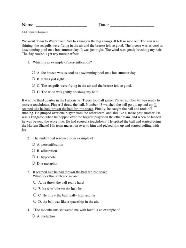 Personification and Hyperbole Independent Practice Worksheet | PDF ...