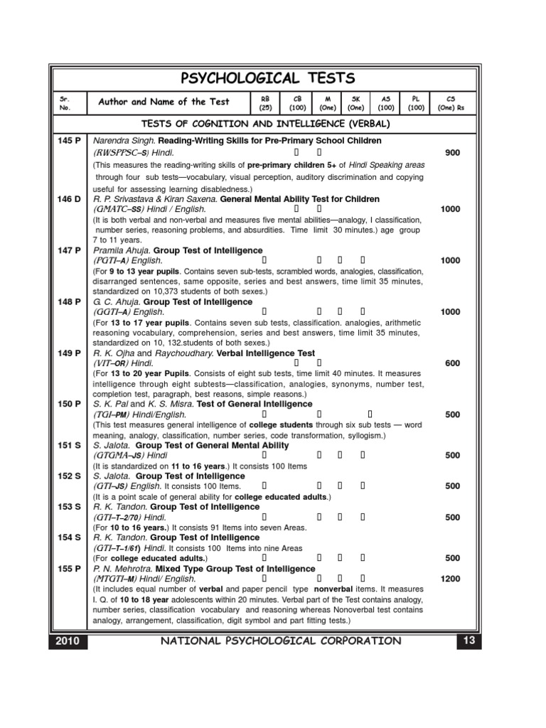 National Psychological Tests Catalogue | PDF | Intelligence Quotient ...
