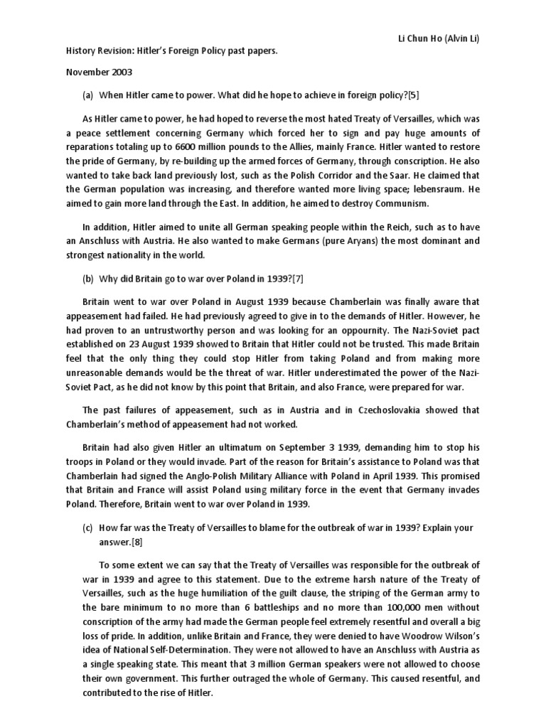 History Revision Hitler - S Foreign Policy Past Papers. | PDF | Adolf ...