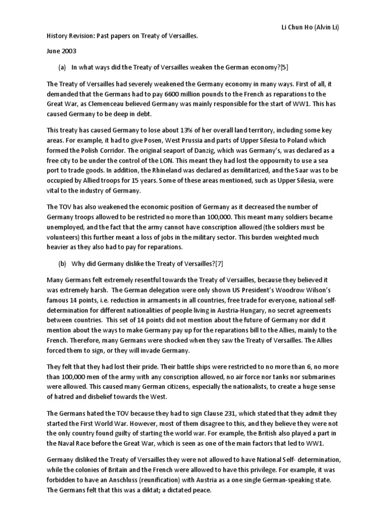 History Revision Past Papers On Treaty of Versailles. | Download Free ...
