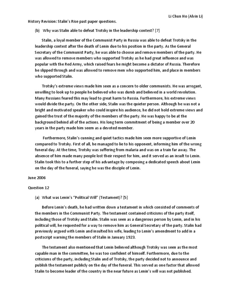 History Revision Stalin - S Rise Past Paper Questions. | PDF | Leon ...