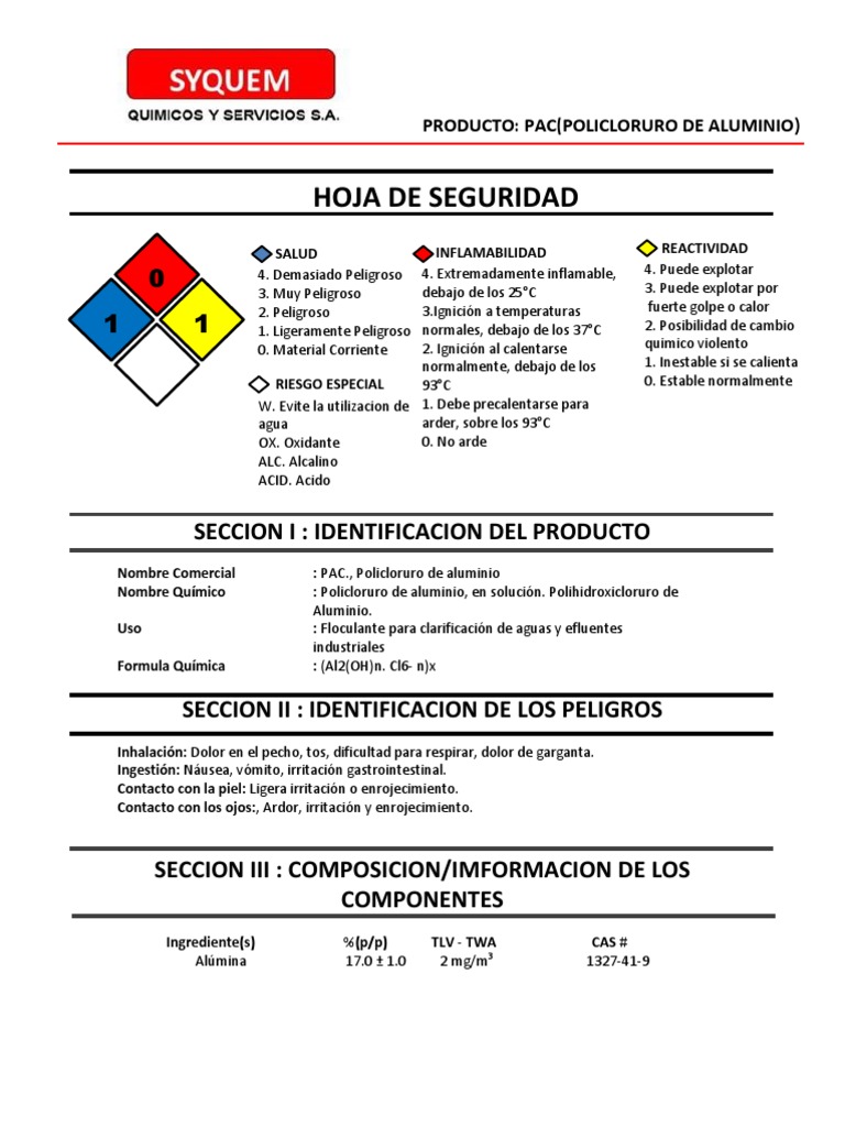 Hoja - de - Seguridad Pac (Policloruro de Aluminio) | PDF | Aluminio | Potasio