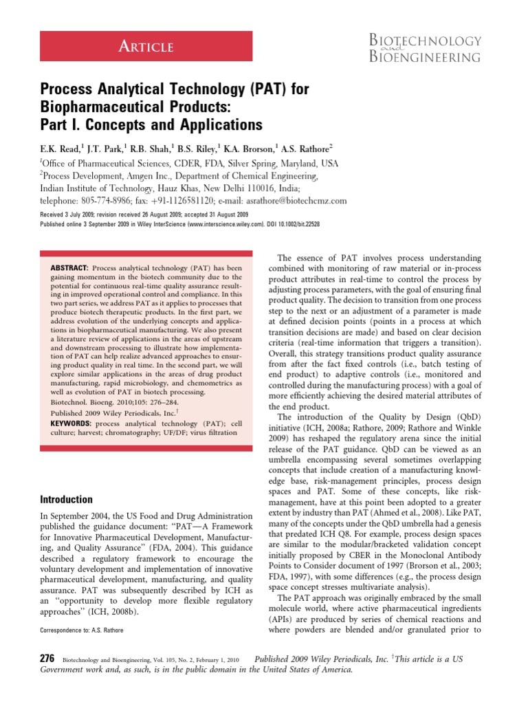 Process Analytical Technology (PAT) For Biopharmaceutical Products PDF ...