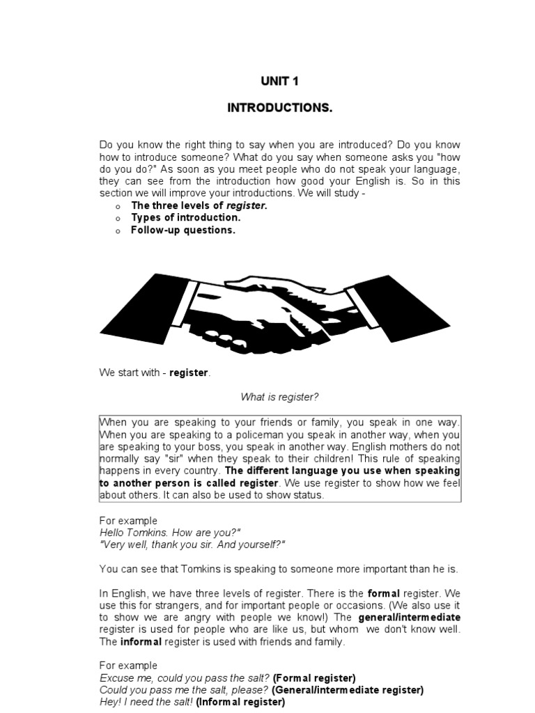 Unit 1 Introductions.: The Three Levels of Register. Types of ...