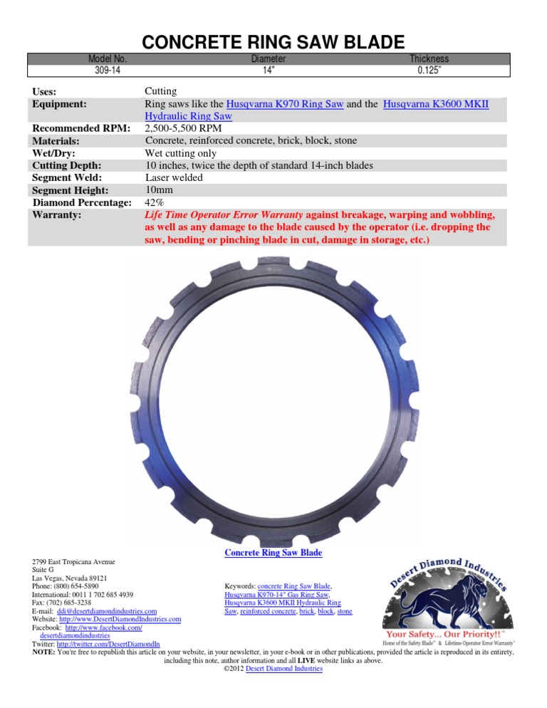 Concrete Ring Saw Blade Specifications | PDF | Technology & Engineering