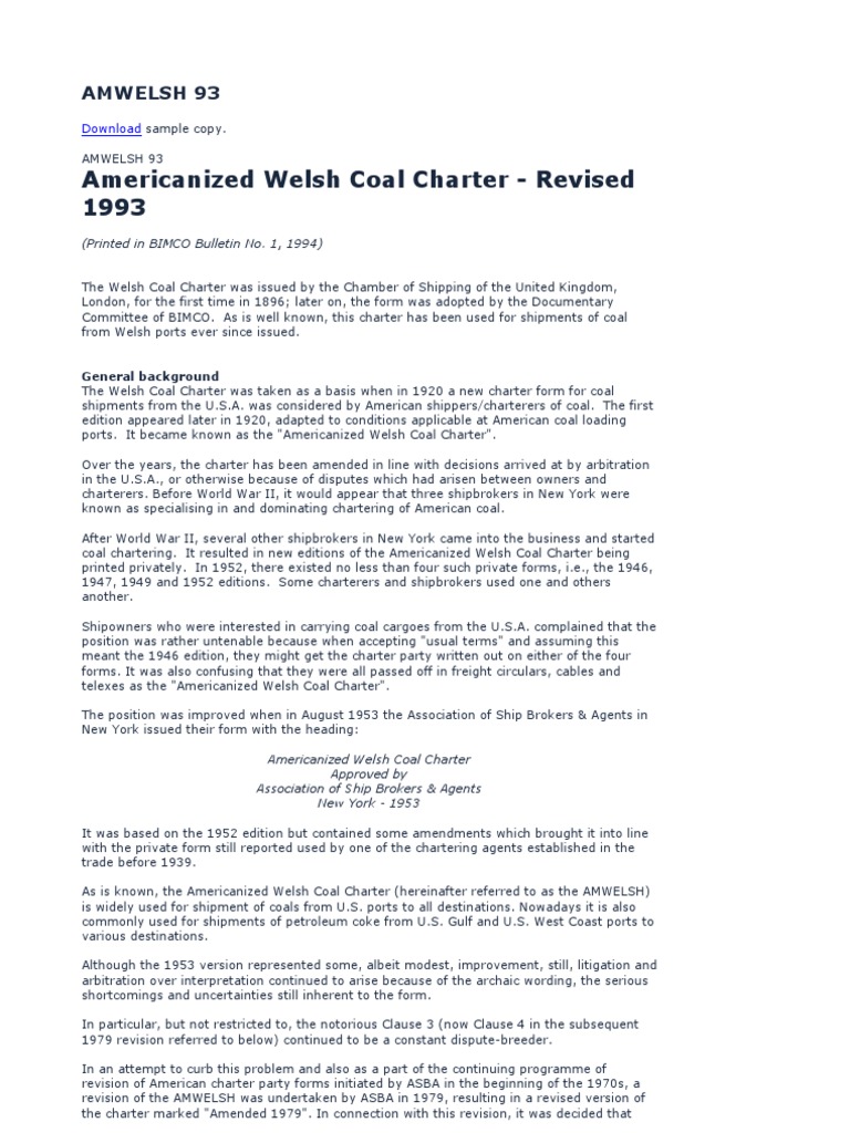 AMWELSH 93 Charter Party | PDF | Bill Of Lading | Arbitration