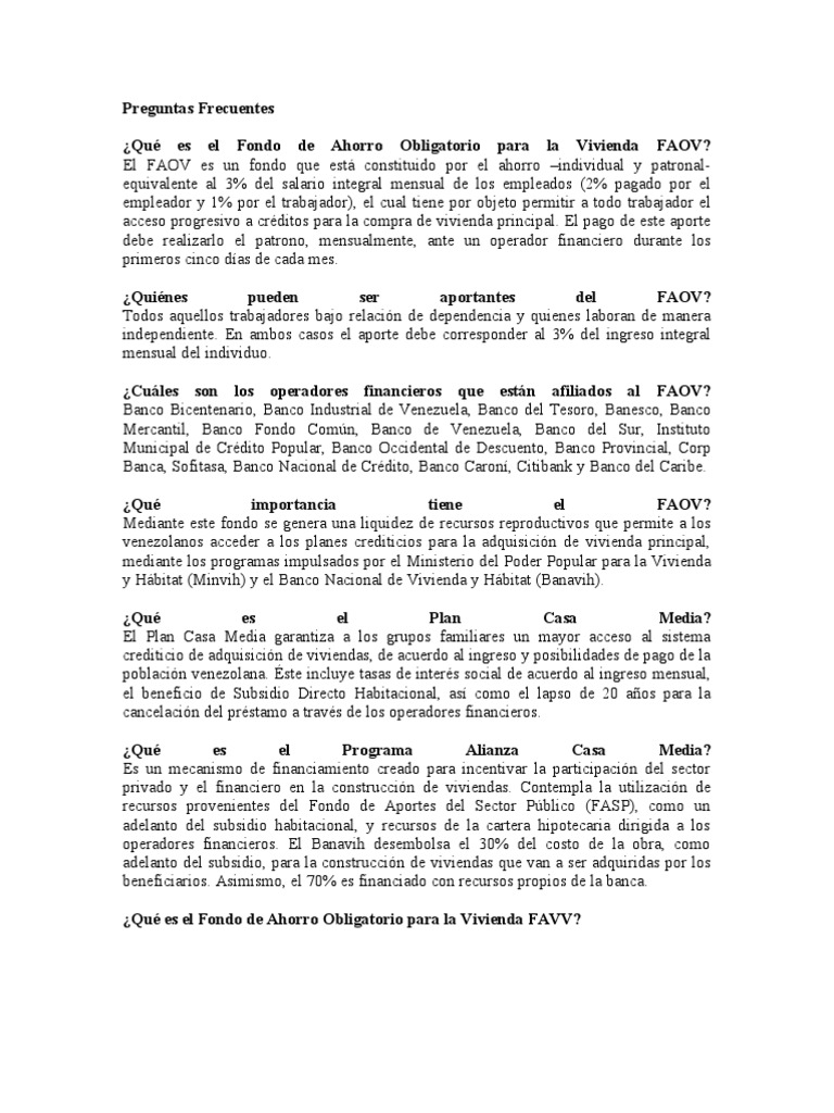Preguntas Frecuentes sobre Banavih y FAOV | PDF | Bancos | Venezuela