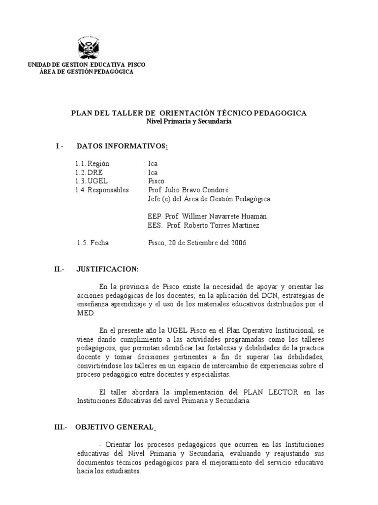 Taller Plan Lector 1 | Descargar gratis PDF | Educación primaria | Educación Secundaria