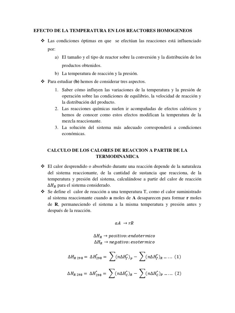 Efecto de La Temperatura en Los Reactores Homogeneos | PDF | Reactor Quimico | Equilibrio químico