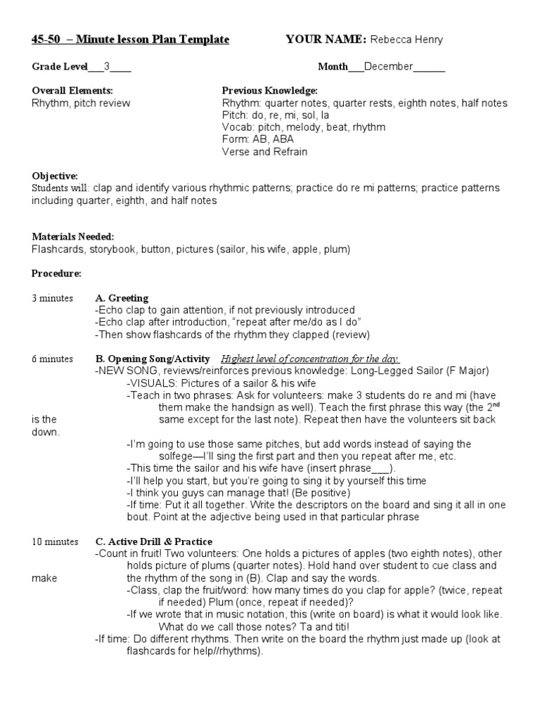 Grade 3 Music Lesson Plan Template | PDF | Rhythm | Lesson Plan