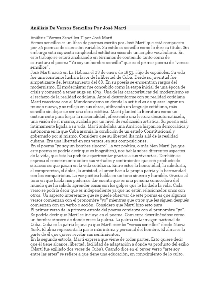Análisis De Versos Sencillos Por José Martí | Poesía | Cuba
