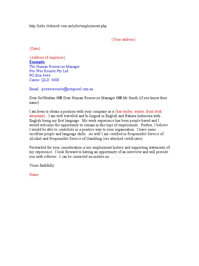 (Your Address) (Date) (Address of Employer) : Example | PDF | Business