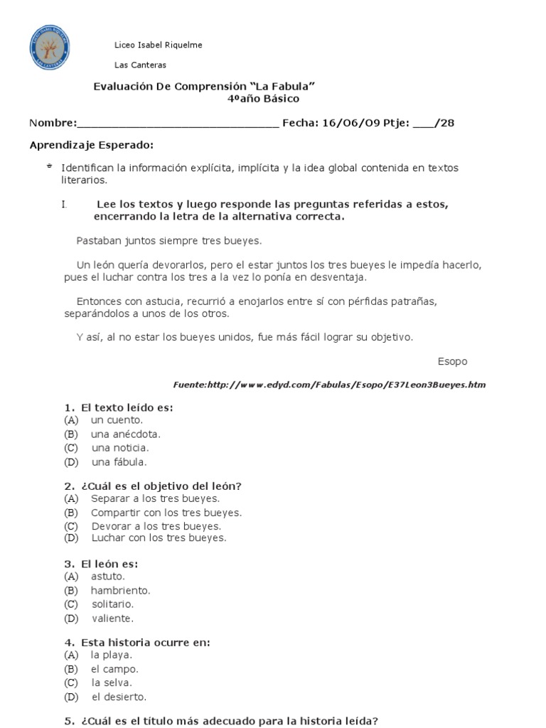Evaluacion La Fabula