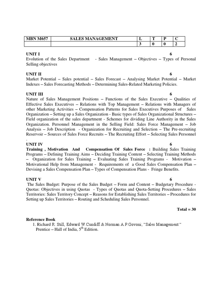SALES MGT-Syllabus & Lesson Plan | PDF | Sales | Case Study