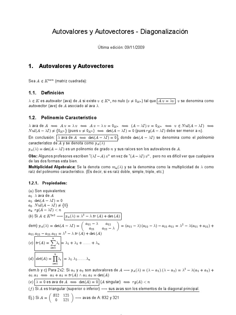 Autovalores y Autovectores - Diagonalizacion | PDF | Valores propios y vectores propios | Teoría ...