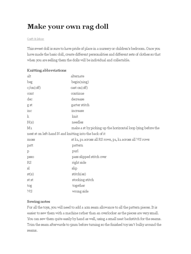 Make Your Own Rag Doll | PDF | Seam (Sewing) | Knitting