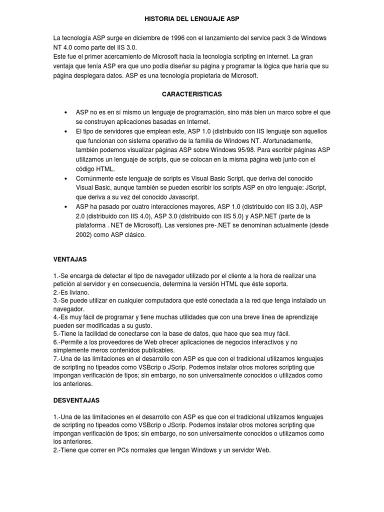 Historia Del Lenguaje ASP | PDF | Páginas del servidor activo ...