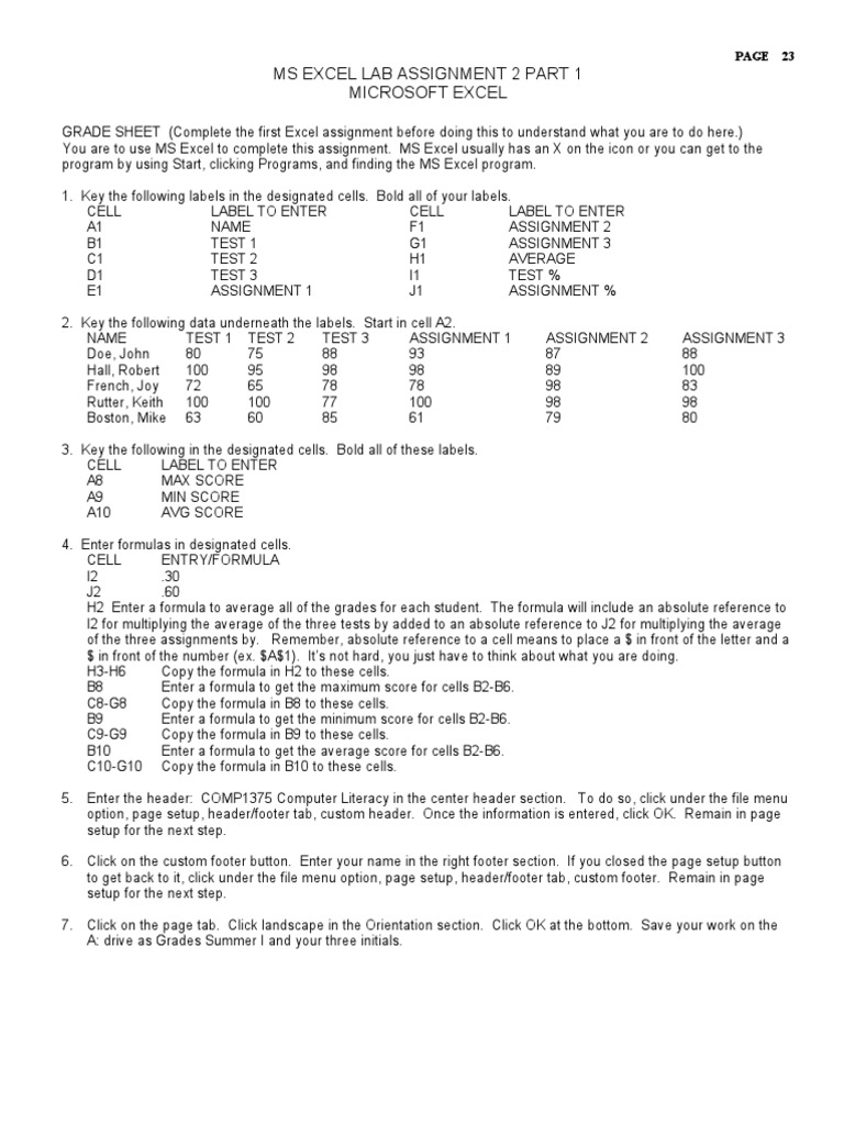 Lab Assignment 2 Ms Excel 2 Instructions | PDF | Microsoft Excel | Software