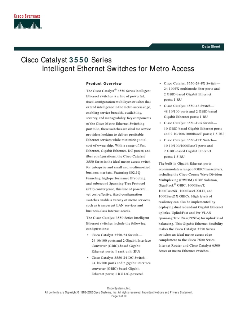 Cisco Catalyst® 3550 Series Intelligent Ethernet Switches For Metro Access - Datasheet | PDF ...