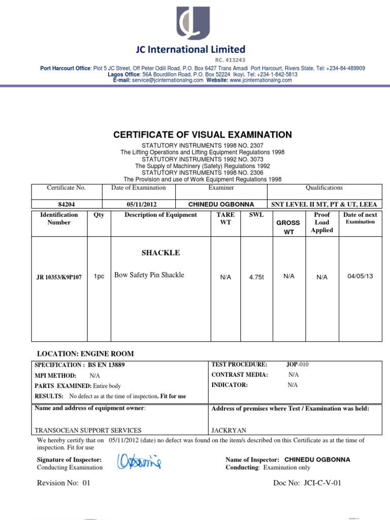 International Limited: Certificate of Visual Examination | PDF | Test ...