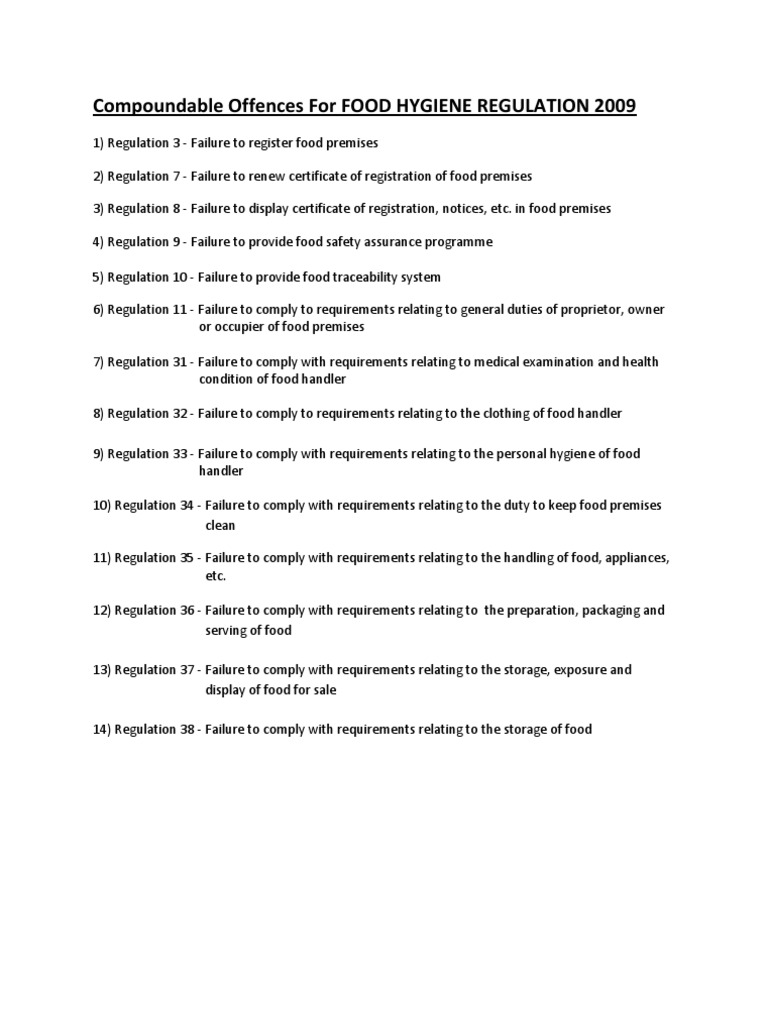Compoundable Offences For Food Hygiene Regulation 2009 | PDF