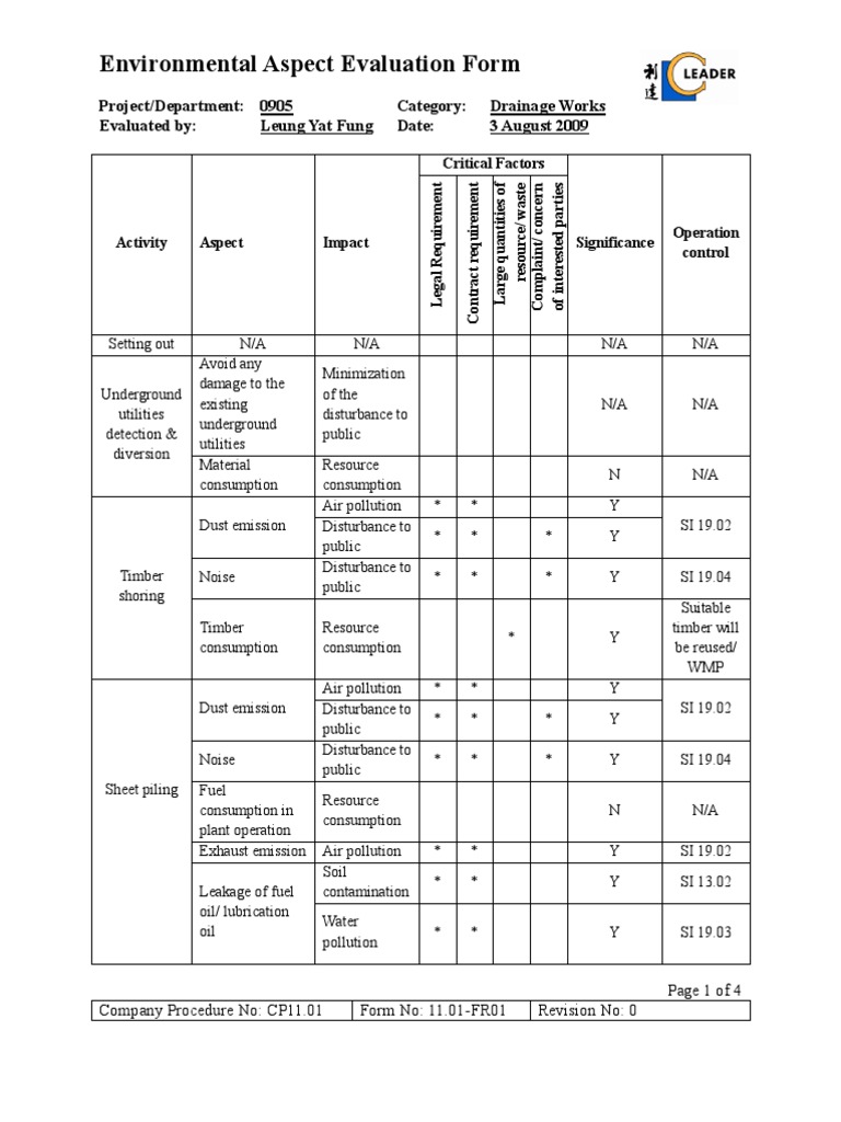 Environmental Aspect Evaluation Form | Pollution | Air Pollution