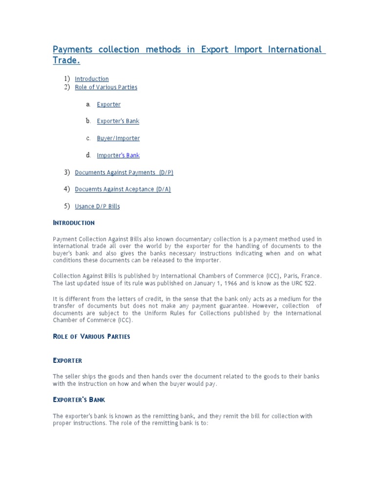 Payments Collection Methods in Export Import International Trade | PDF ...