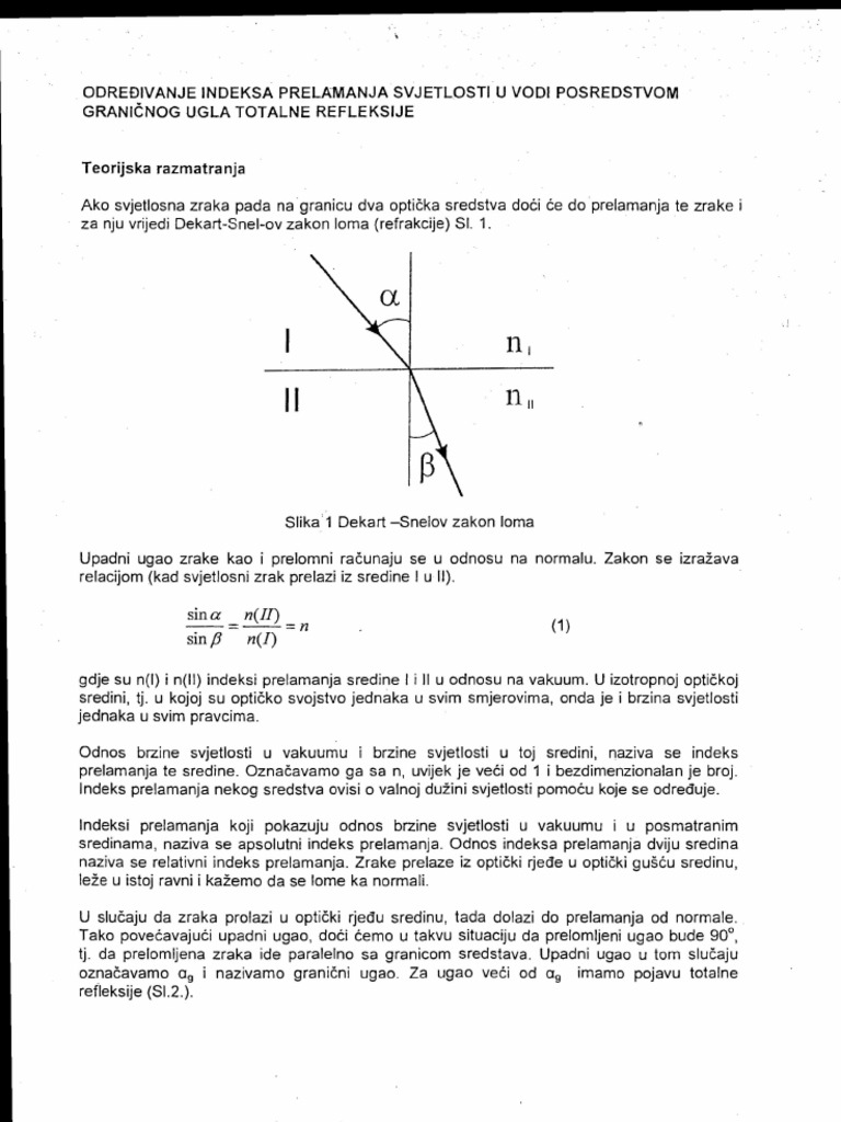 Odredjivanje Indeksa Prelamanja Svjetlosti U Vodi Pomocu Granicnog Ugla Totalne Refleksije | PDF