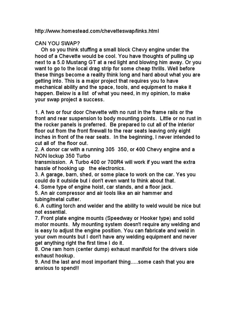 V8 Engine Swap Guide for Chevette | PDF