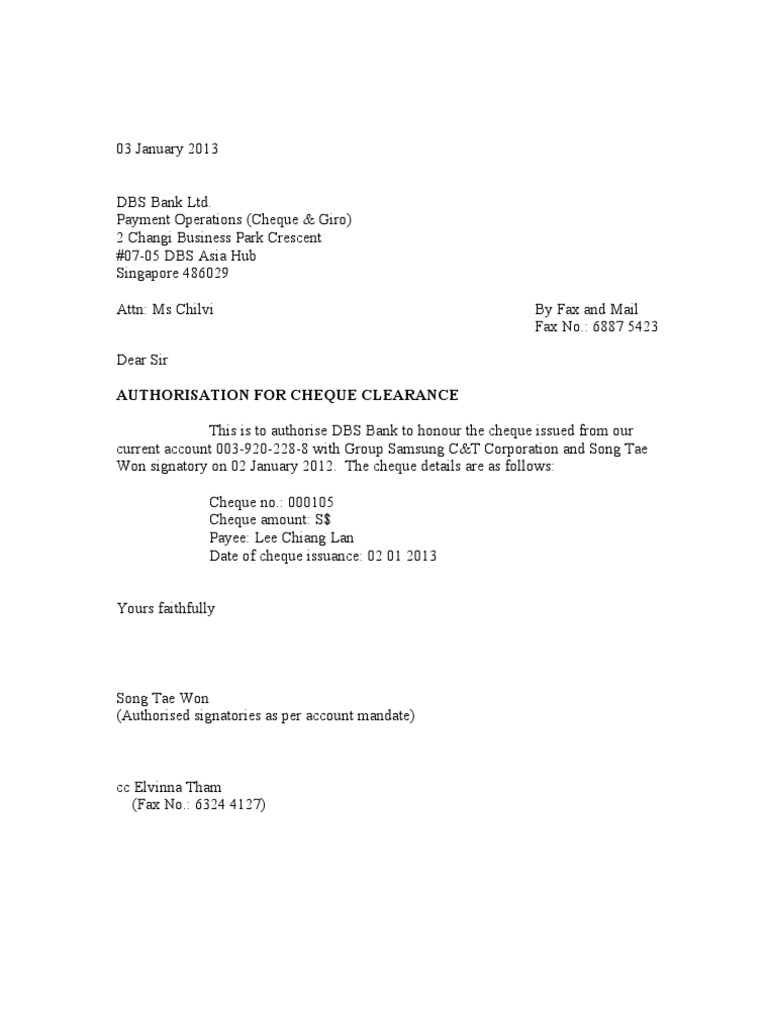Cheque Clearance Authorization Letter | PDF
